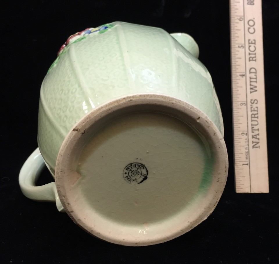 Pitcher Ceramic Green w/ Floral Relief Flowers Made in Japan Vintage 6 ...