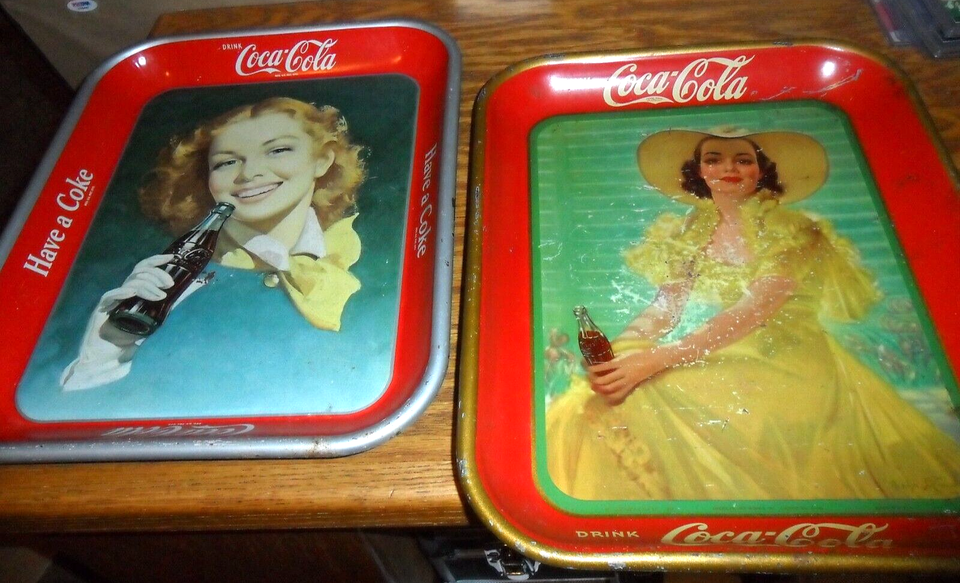 2 LOT ORIGINAL VINTAGE 1938 & 1948 COCA-COLA TRAYS LADY SODA ...