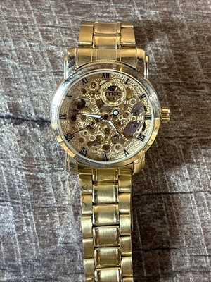 Foksy MCE Men's Skeleton Mechanical Watch Round Gold Tone Metal Band ...