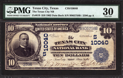 $10 1902 DB The Texas City National Bank CH 10040 PMG 30 - RARE TX BANK ...