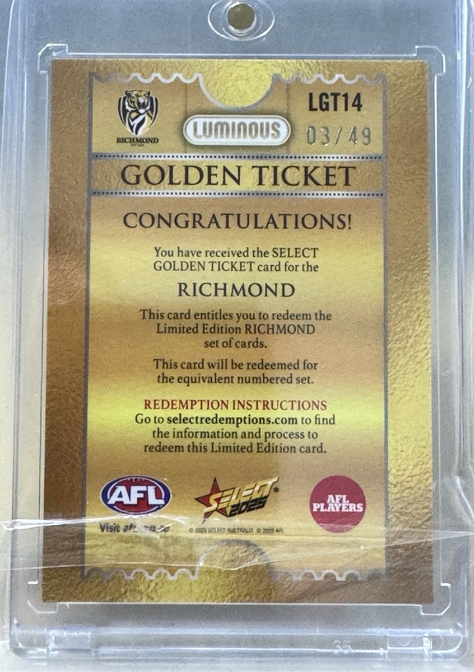 2025 AFL SELECT FOOTY STARS GOLDEN TICKET - RICHMOND #03/49 - 🔥 LOW ...