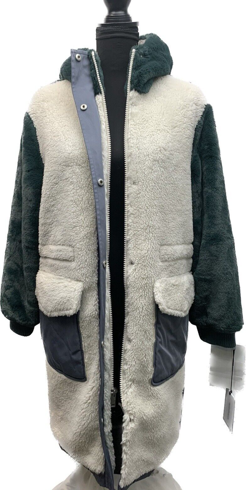 NEW UGG LETTY SHERPA BLOCK COAT JACKET BEIGE TEAL FULL LENGTH FAUX FUR ...