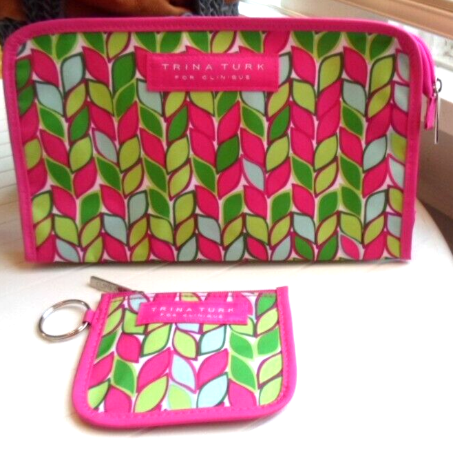 TRINA TURK FOR CLINIQUE PINK/GREEN LINED MAKEUP & CHANGE BAGS/KEY CHAIN ...