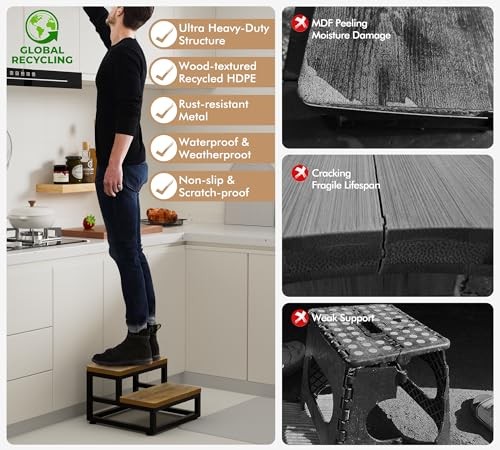 Two Step Stool for Adults Kids, Bed Step Foot Stool Double Tier Rustic ...