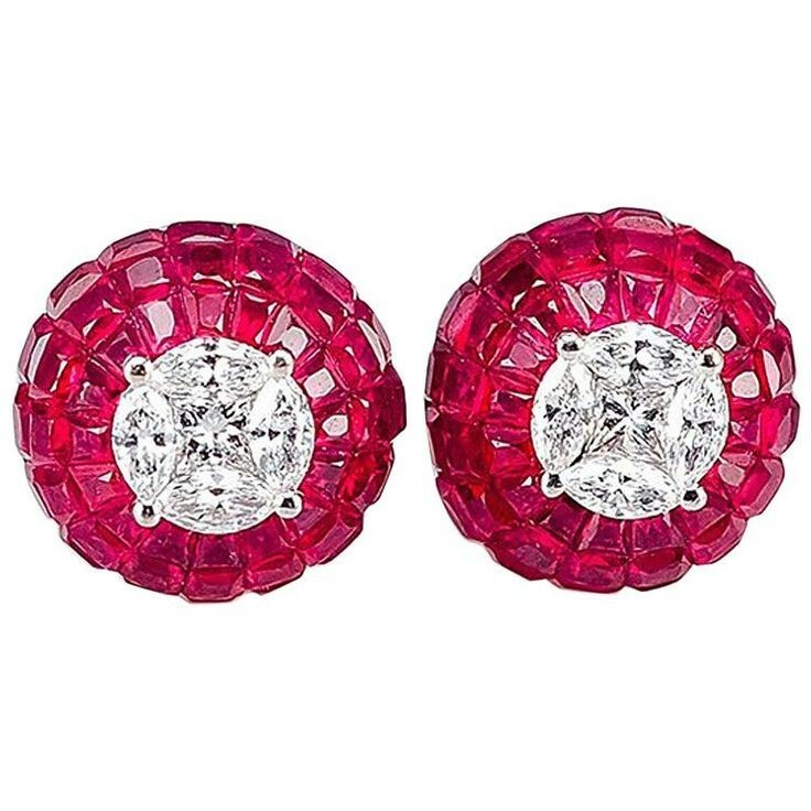 Invisible Set Lab Ruby Stud Earrings 925 Fine Silver Luxury Estate ...