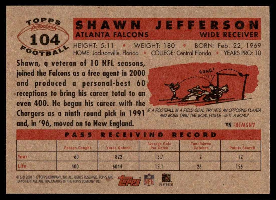 2001 Topps Heritage Shawn Jefferson Atlanta Falcons #104 | eBay