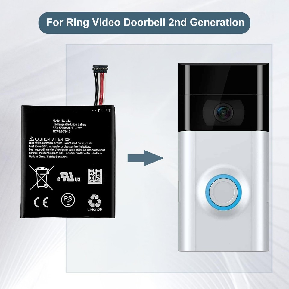 Replacement Battery S2 Compatible with for Ring Video Doorbell 2nd ...