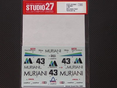 STUDIO 27 1/20 Williams FW07 MURJANI DC580C decal for Tamiya DC-580C ...