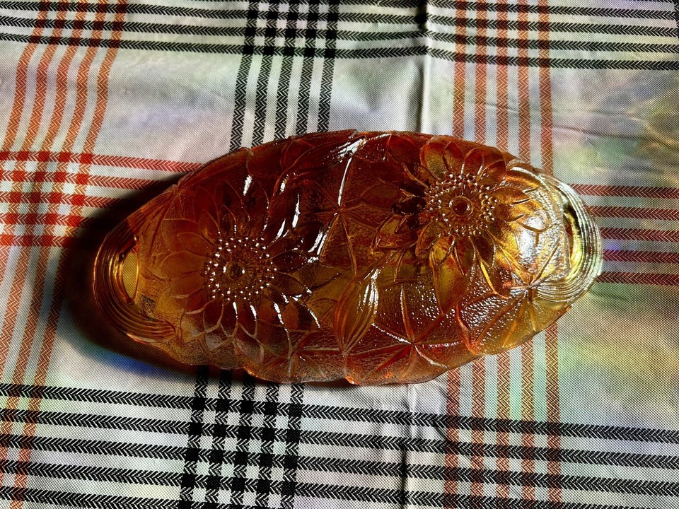 Vintage Indiana Carnival Glass Candy / Relish Dish Sunflower Marigold ...