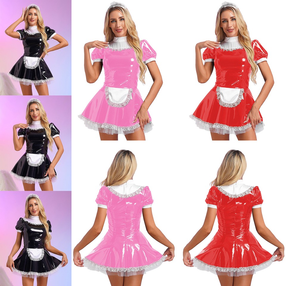 Women PVC Leather French Maid Cosplay Costume Set Bodycon Tutu Skirt ...