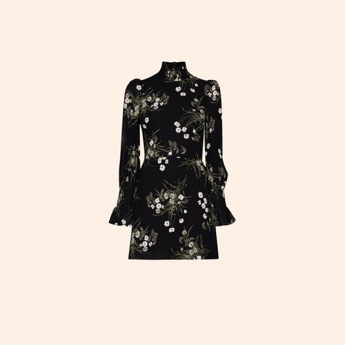 NWT $278 Reformation Archie Dress Veuve Black Floral Mini Long Sleeve ...