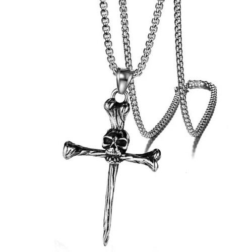 Gothic Punk Skull Cross Pendant Necklace Chain For Men Retro Rock Biker ...