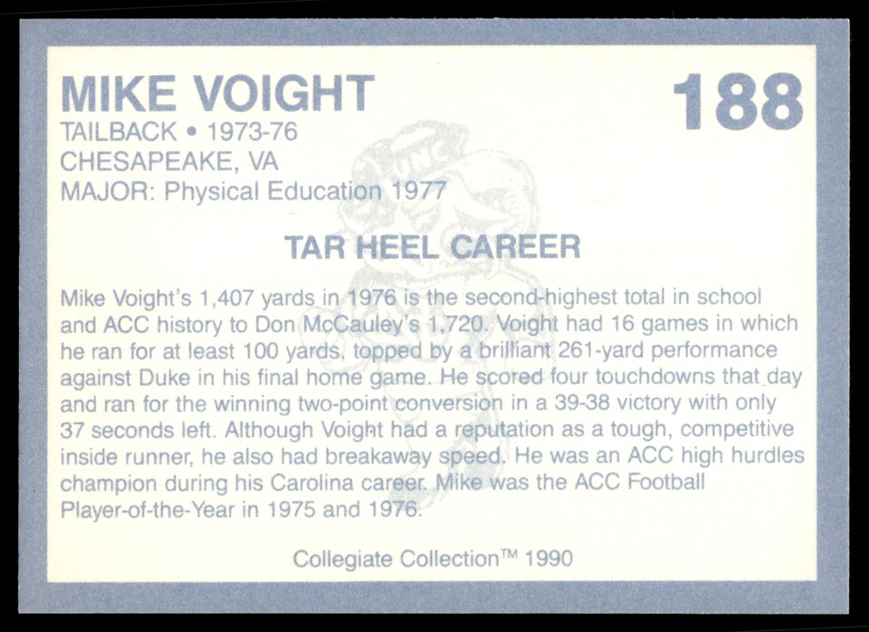 1991 Collegiate Collection Mike Voight 188 North Carolina Tar Heels ...