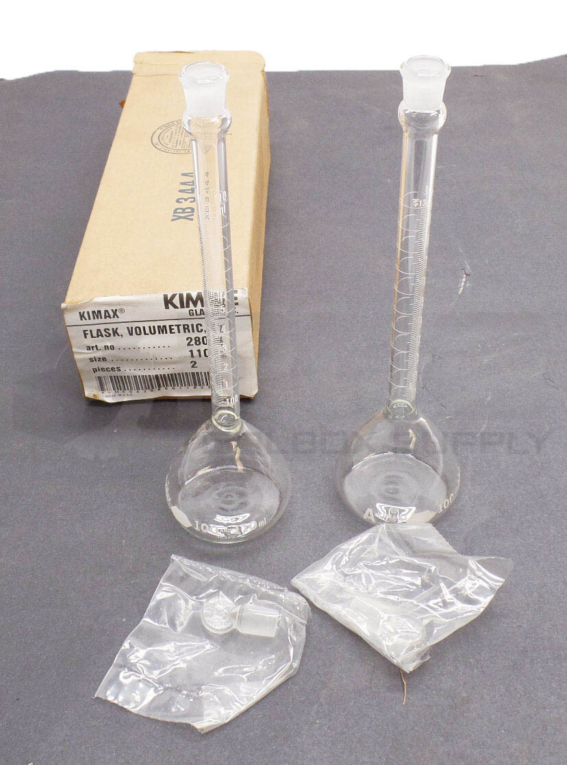 NEW BOX OF 2 KIMBLE GLASS 28066 VOLUMETRIC FLASK "A" 110mL | eBay