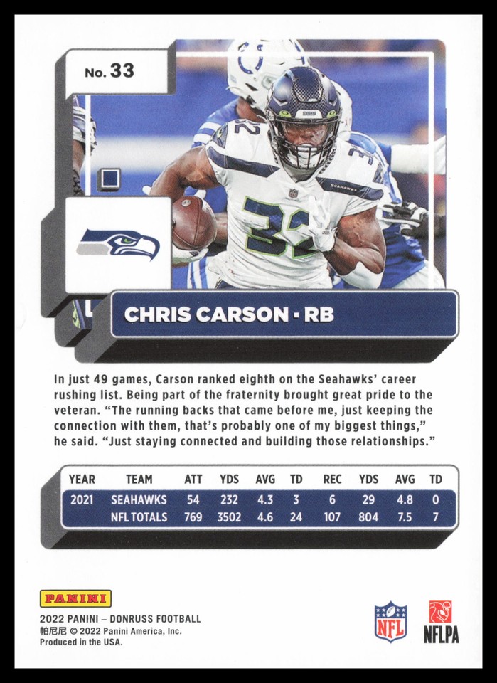 2022 Donruss #33 Chris Carson Seattle Seahawks Red Press Proof Football ...