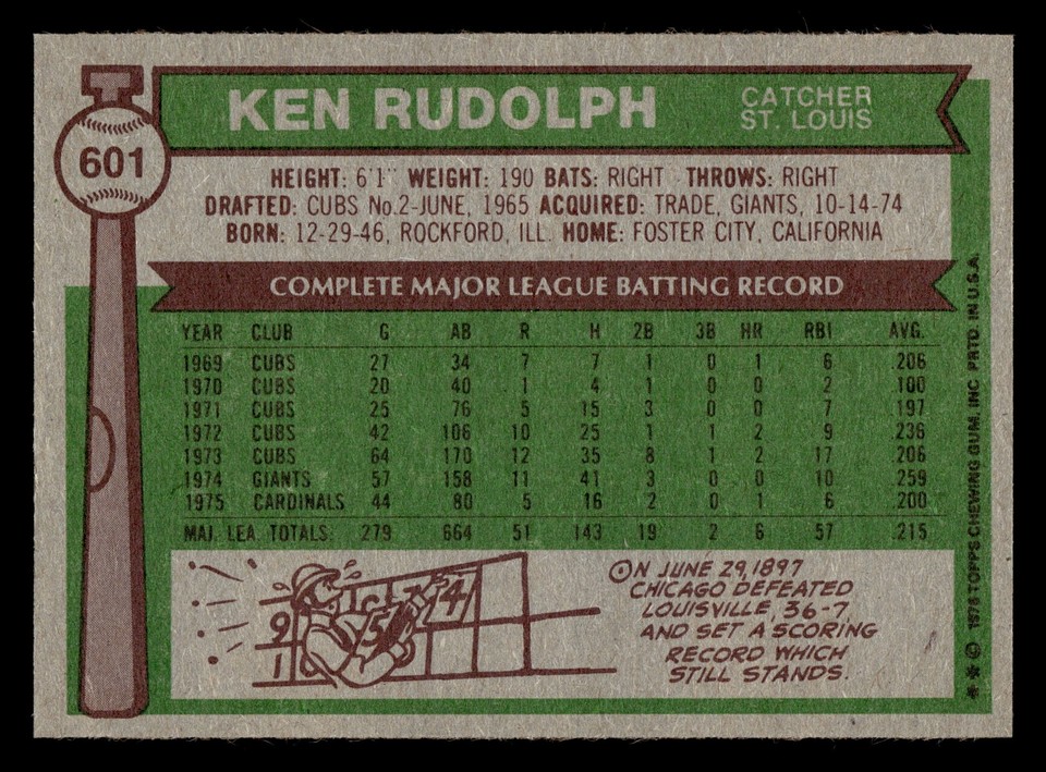 1976 Topps Ken Rudolph #601 St. Louis Cardinals HIGH GRADE BEAUTIFUL ...