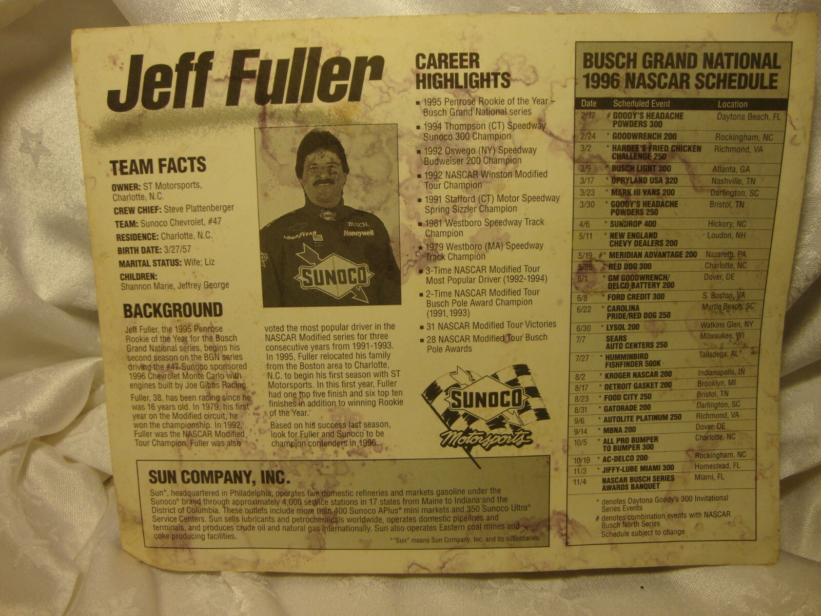 ~ Jeff Fuller ~NASCAR Race Car #47 Signed Collectible Poster Photo (10 ...