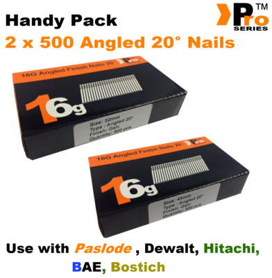 16 Gauge ANGLED 20° Nails - 32mm + 45mm 1000 nail pack for Dewalt ...
