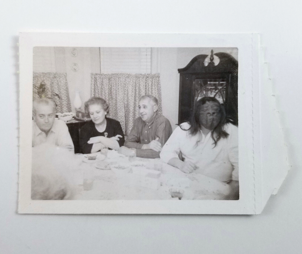 Vintage Halloween Photo Scary Dinner Guest Creepy Mask Costume Polaroid ...