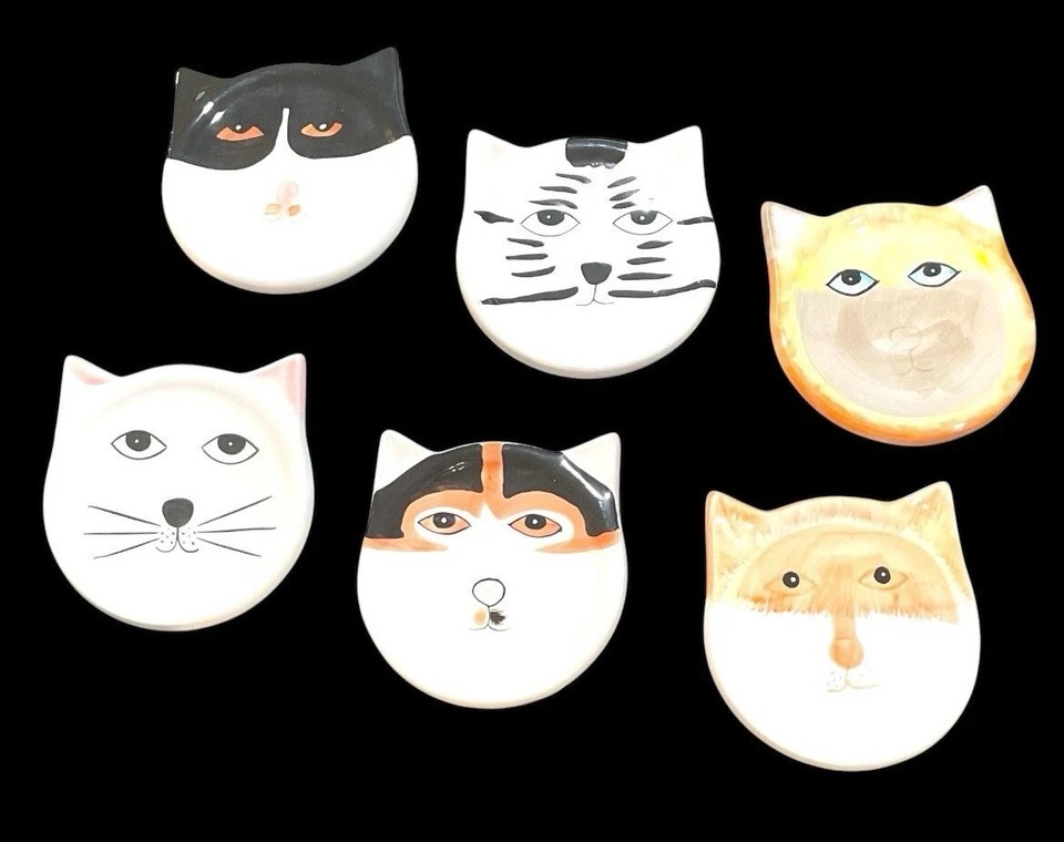 CERAMIC CAT FACE COASTERS * SET OF 6 * BANDWAGON, Cat Coaster, Ceramic ...