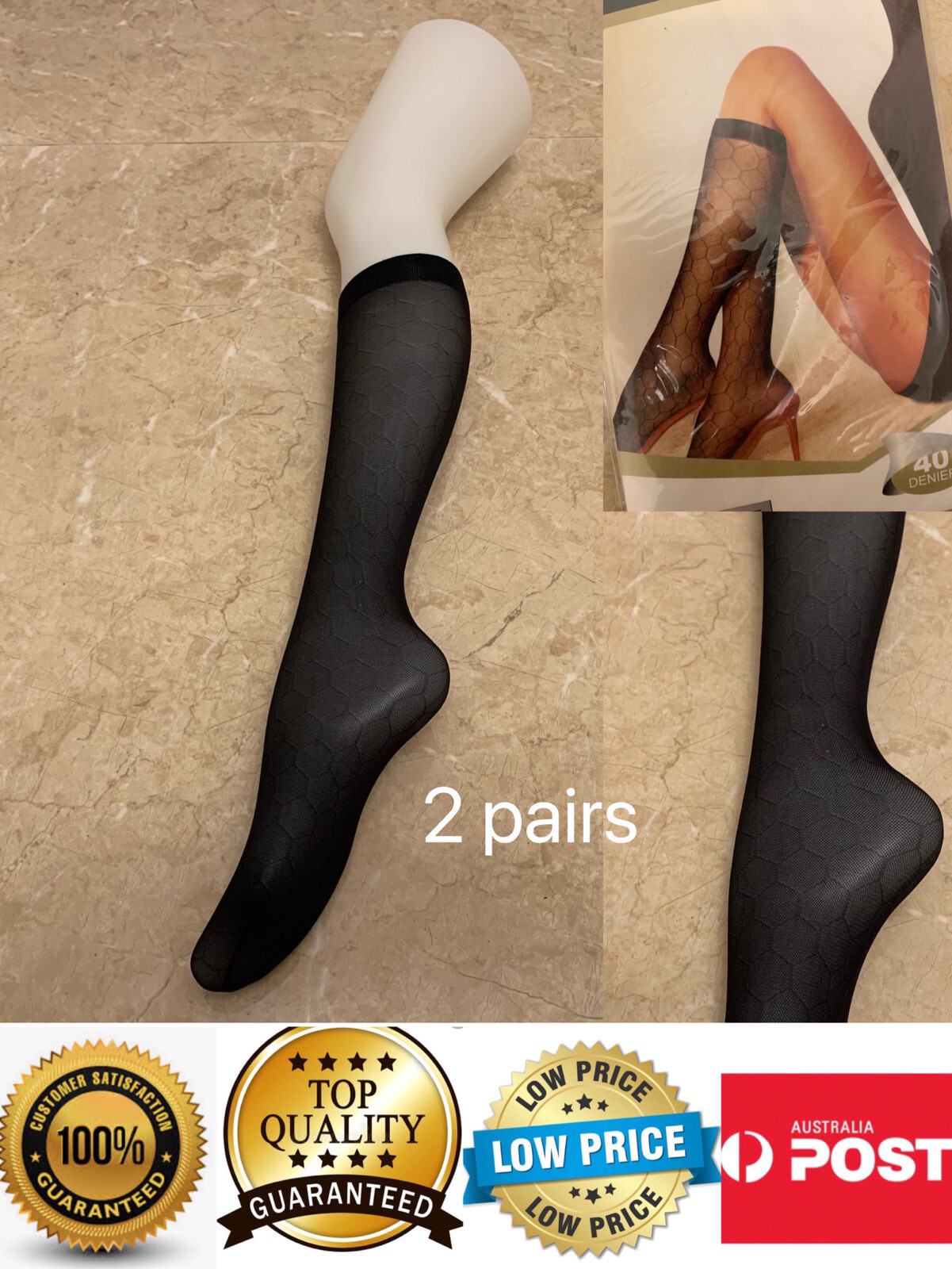 2 Pairs Quality Ladies Girls Knee High Stockings, Sexy Pattern,40D,AU ...
