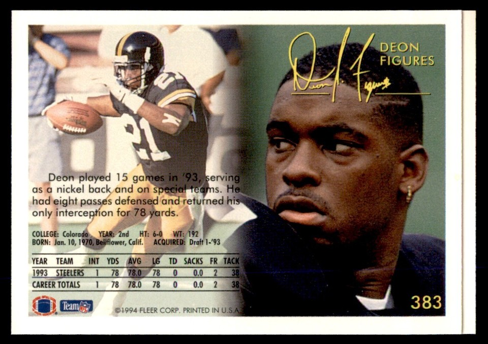1994 FLEER SIGNATURE SERIES DEON FIGURES PITTSBURGH STEELERS #383 | eBay