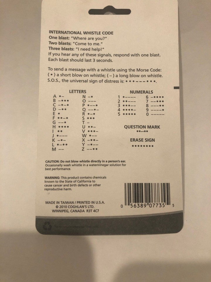 WILDERNESS SIGNAL WHISTLE-METAL WITH LANYARD, INCLUDES MORSE CODE GUIDE ...