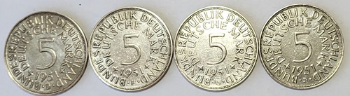 1951 D, F, G AND J MINTS GERMAN 0.625 SILVER 5 MARK DEUTSCHLAND COINS ...