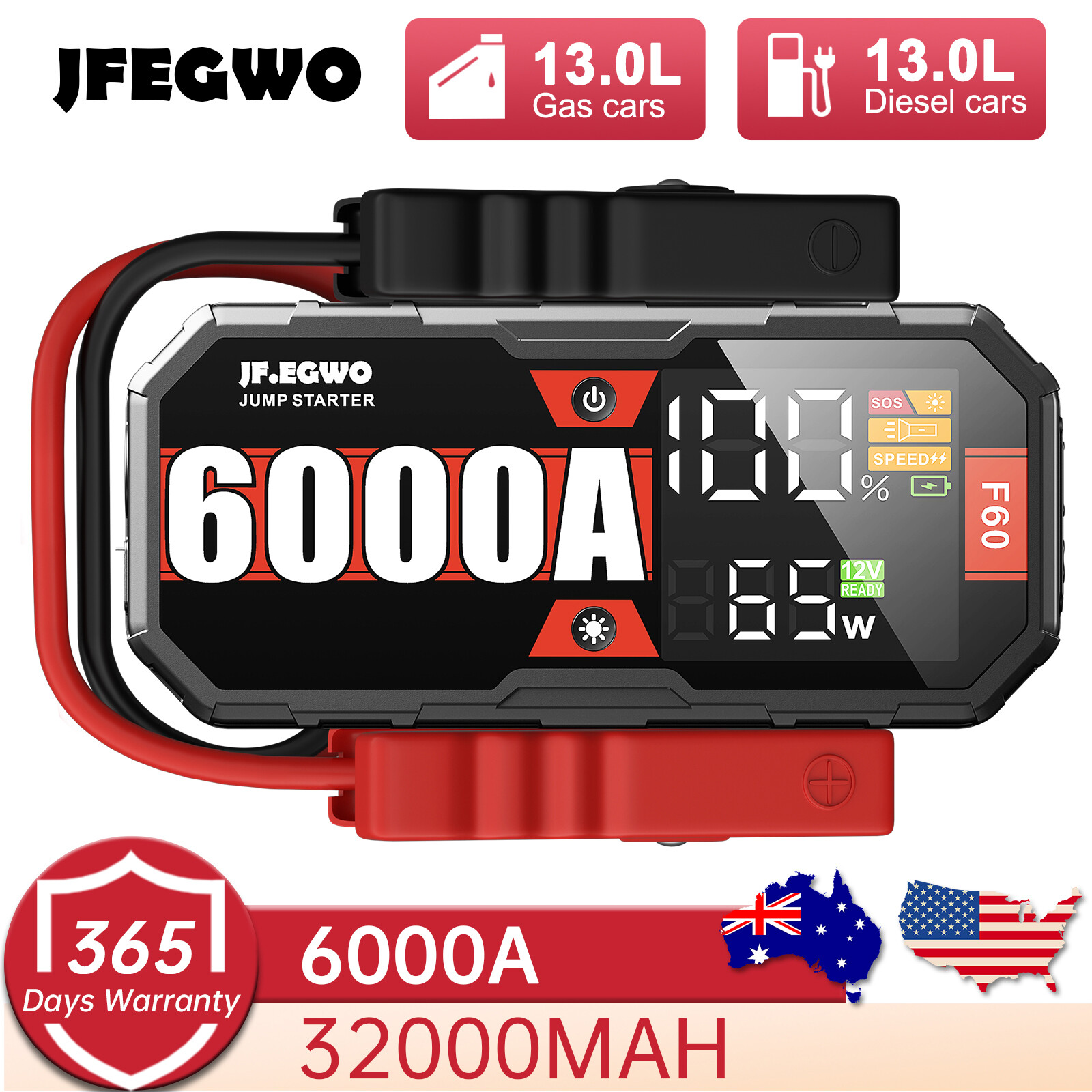 6000A Car Jump Starter Booster Jumper Box Portable Power Bank Battery ...