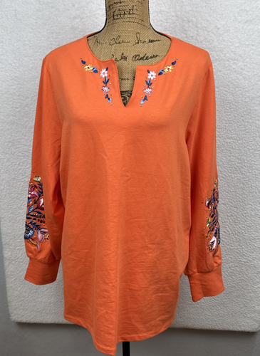 Quacker Factory Top Women's Size 1X Orange Embroidered V neck ...