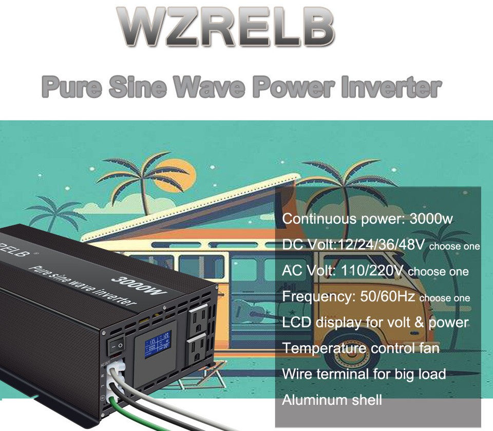 48V Power Inverter 3000W Pure Sine Wave 110V 220V DC to AC Home Solar ...