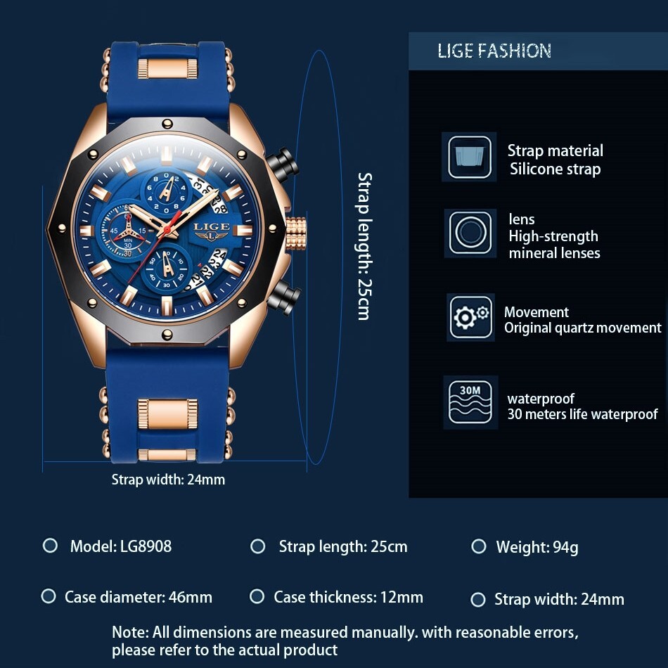 Men Watch Quartz Luminous Date Chronograph Dial 3ATM Waterproof Sport ...