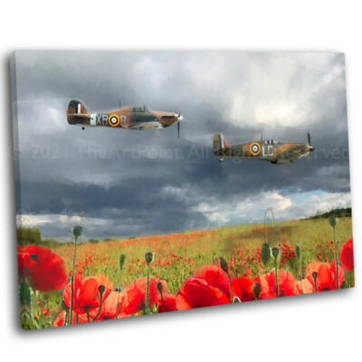 Spitfire & Hurricane Flying Over Poppy Field Picture Framed Canvas Art ...