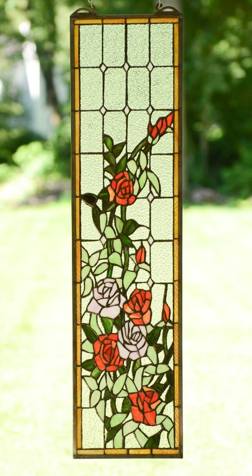 10" x 36" Handcrafted Tiffany Style stained glass window panel Rose ...