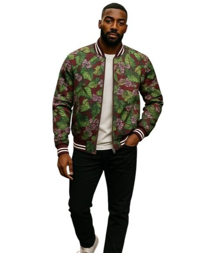 GSTQ Jacket Mens Medium Burgundy Green Floral Bomber Varsity ...