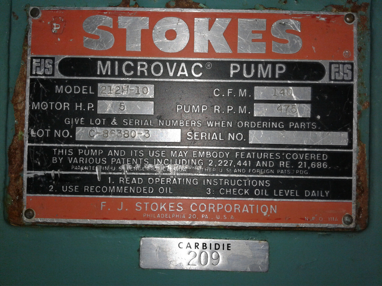 Stokes 212H-10 Microvac Pump 5 HP Lot: C-86380-3 w/ Baldor M3311T 3PH ...