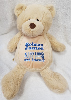 Personalised mumbles teddy bear embroidered with name birth details or ...