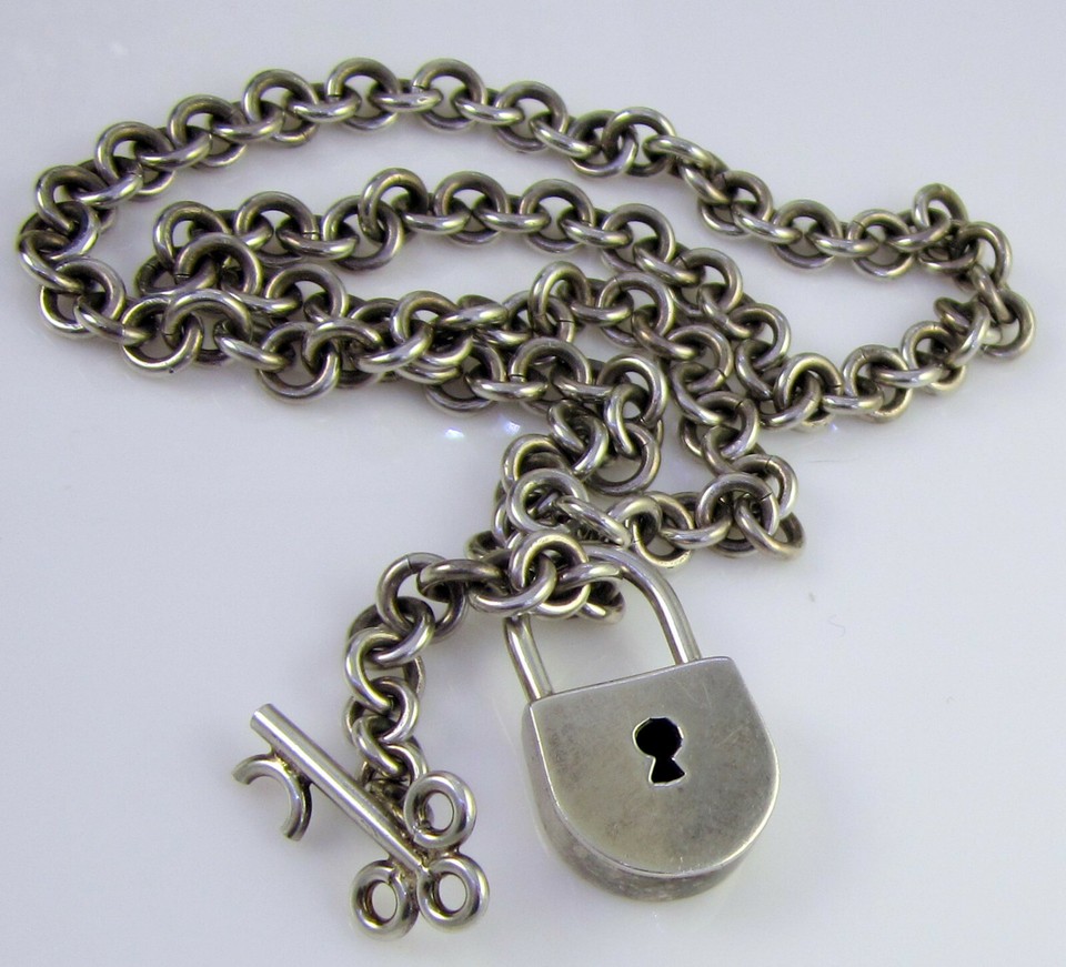 Stunning Vintage Large Sterling Silver Padlock Lock Key Chain 65.2 Gram ...