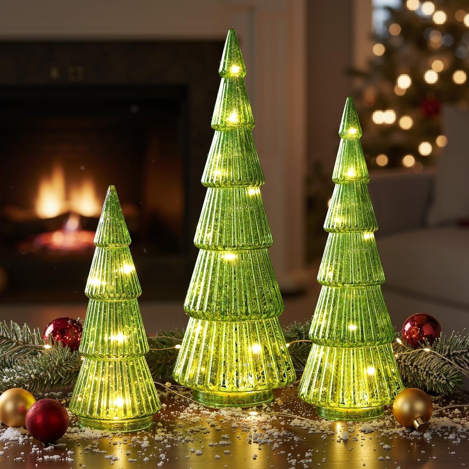 Glass Christmas Tree Figures: 3pcs Green Artificial Glass Tree Tabletop ...