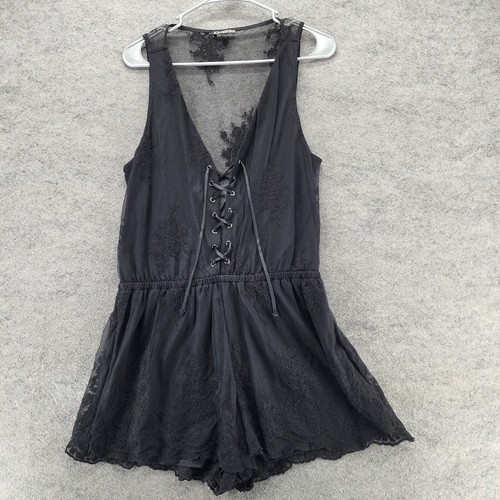 Express Romper Womens Medium Sleeveless Black Lace V Neck Lace Up | eBay