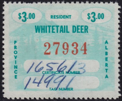 Alberta Wildlife Certificate stamp 1965 White-tailed Deer hunting $3 ...