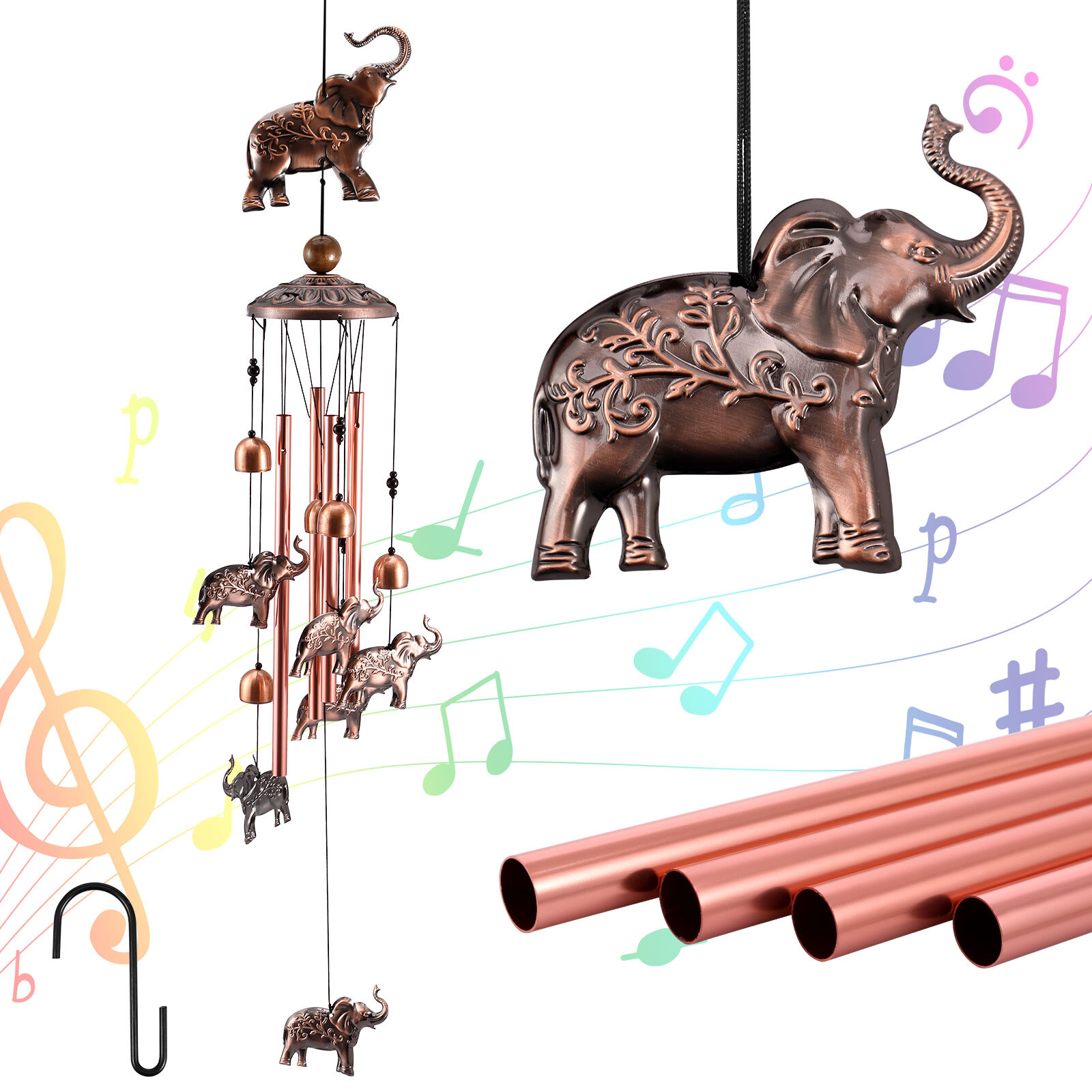 35" Elephant Wind Chimes Bronze Metal Tubes Memorial Hanging Windchime ...