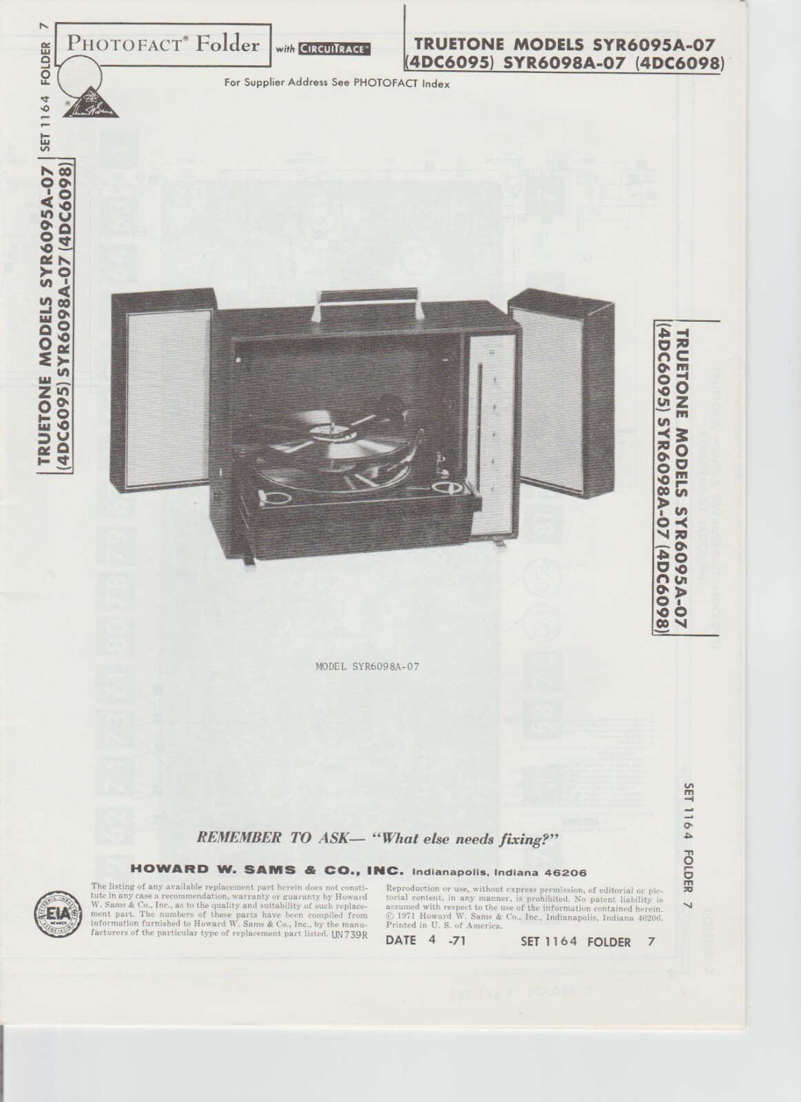 Truetone AM/FM Turntable SRY6095A-07 Photofact Folder, SAMS Service ...