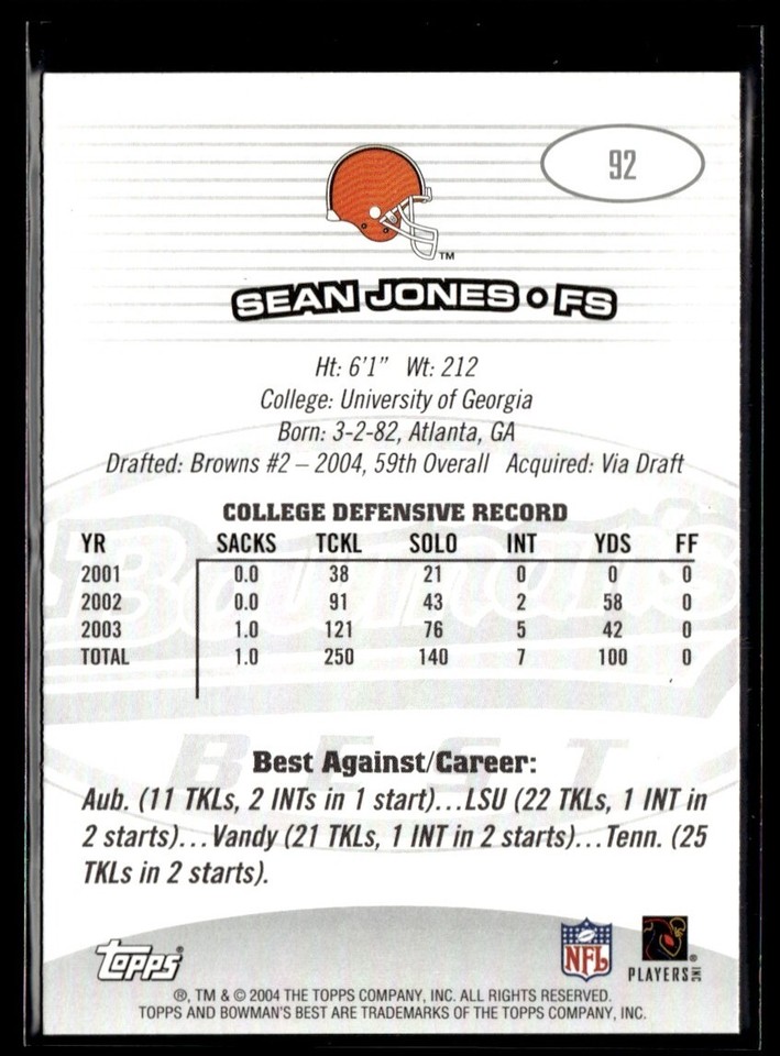 2004 Bowman's Best Sean Jones Rookie Cleveland Browns #92 | eBay