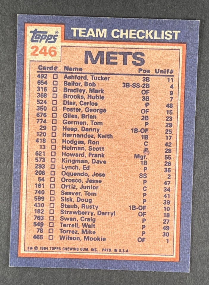 Mookie Wilson, Tom Seaver 1984 Topps Team Checklist #246 New York Mets ...