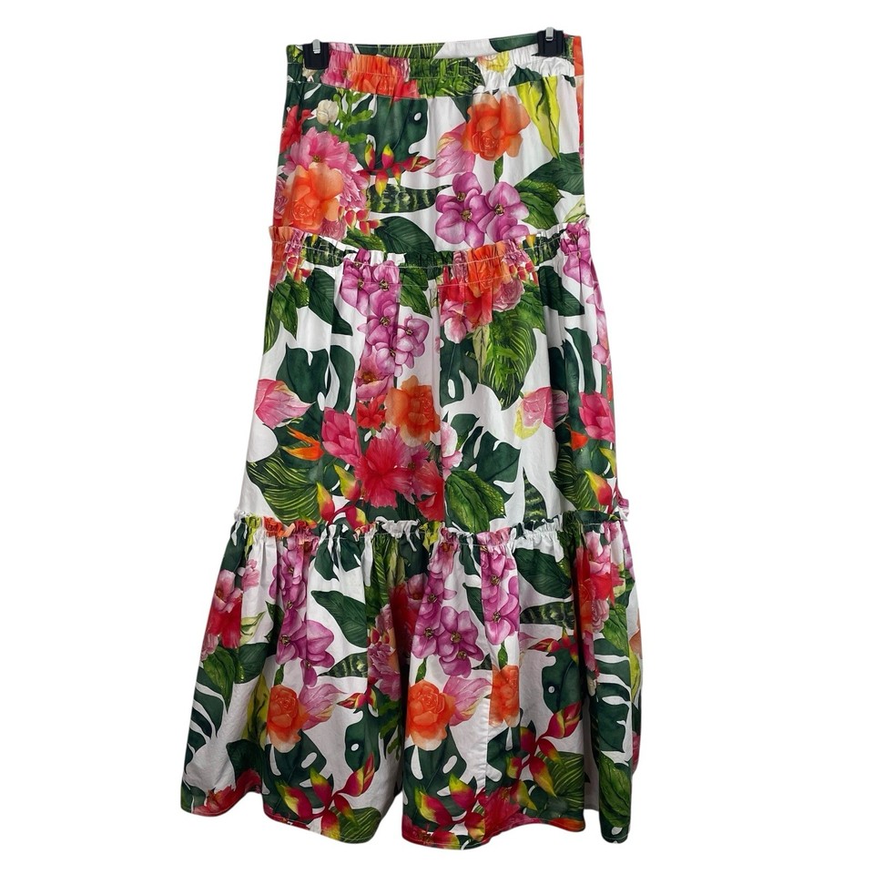 Boston Proper Size XS Tropical Oasis Tiered Poplin Midi Skirt Resort ...