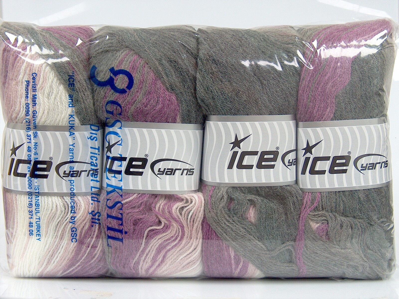 LOT OF 4 Ice ANGORA BATIK Yarn #77528 GRAY PINK WHITE Fine Weight ...