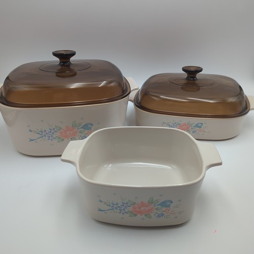 VTG Pyrex corning ware English Breakfast pattern 3 Set W/ 2 Lids 5L 2 ...