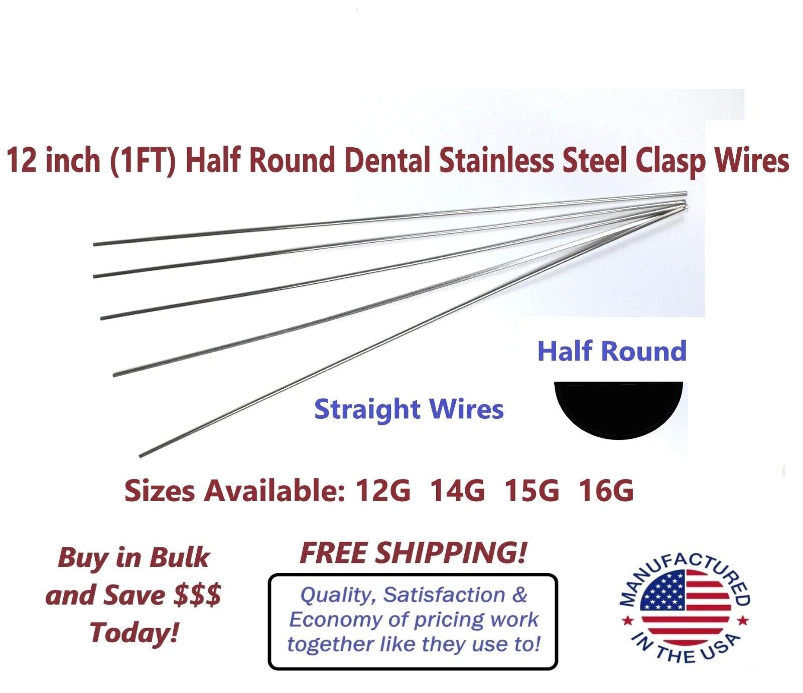 12 inch HALF ROUND Dental Stainless Steel Clasp Wire. Pick a Gauge Size ...