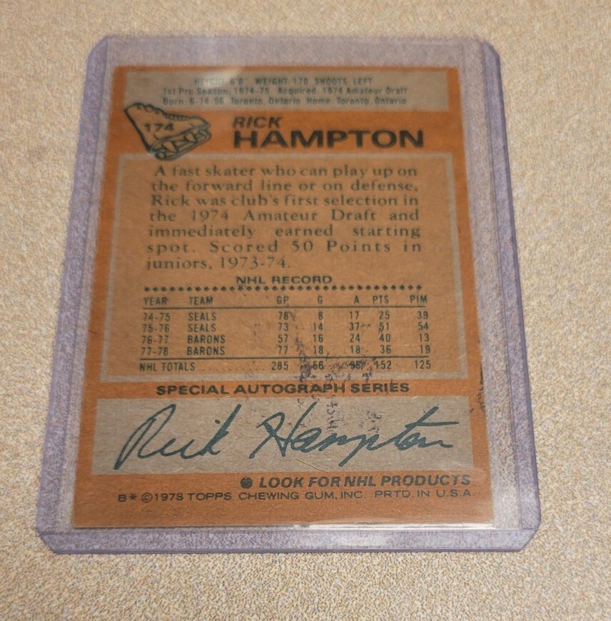 RICK HAMPTON SIGNED 1978-79 TOPPS HOCKEY CARD #174 TTM AUTOGRAPH AUTO ...